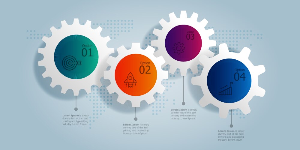 Cog gears wheels horizontal infographics 4 steps Vector Image