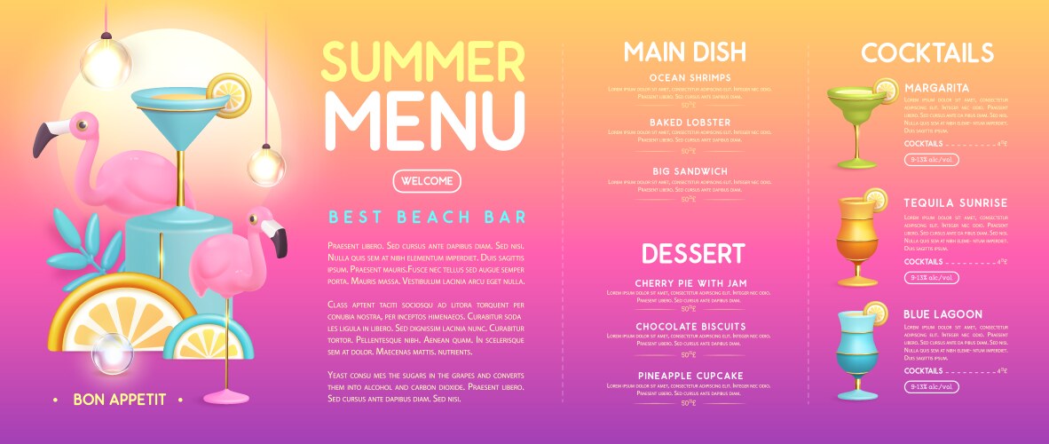 Restaurant summer cocktail menu design Royalty Free Vector