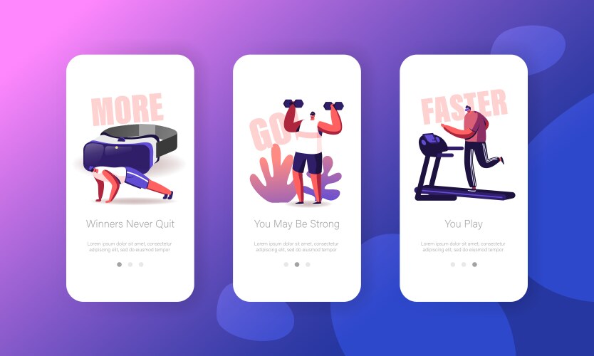 Sport gym character mobile app page onboard screen