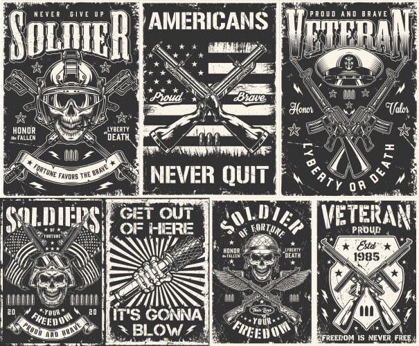 Military soldier set flyer monochrome Royalty Free Vector