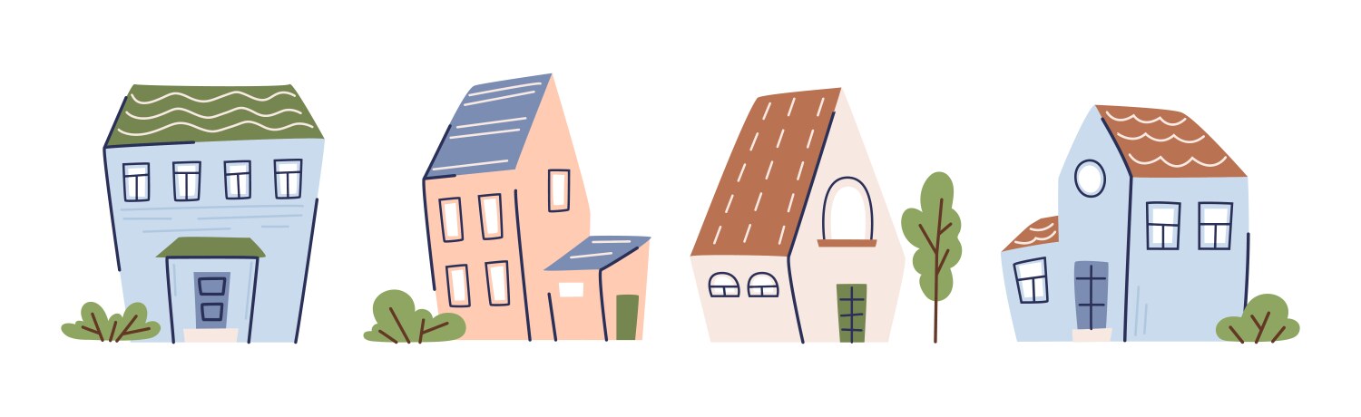 Various small house with green bush and tree Vector Image