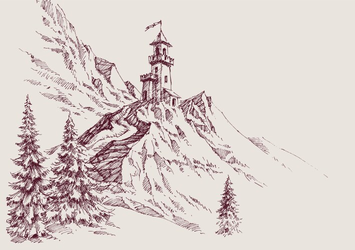 A castle in rocky mountains hand drawing Vector Image
