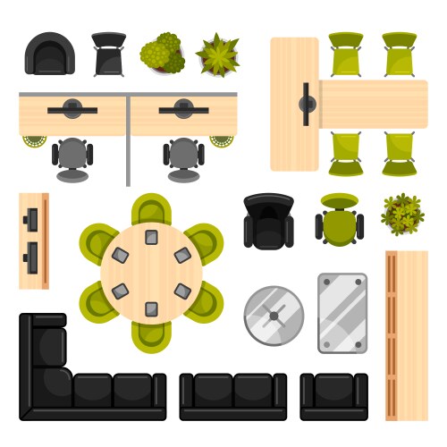 Office interior elements top view set Royalty Free Vector