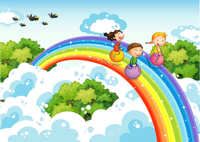 Cartoon happy kids sitting on rainbow Royalty Free Vector