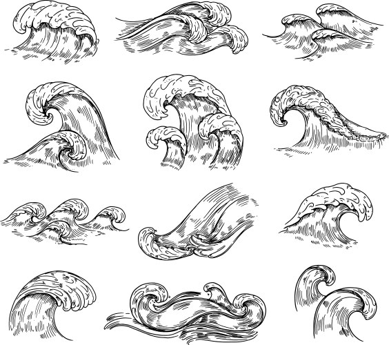 Curled storm waves drawing ocean splash sketch Vector Image
