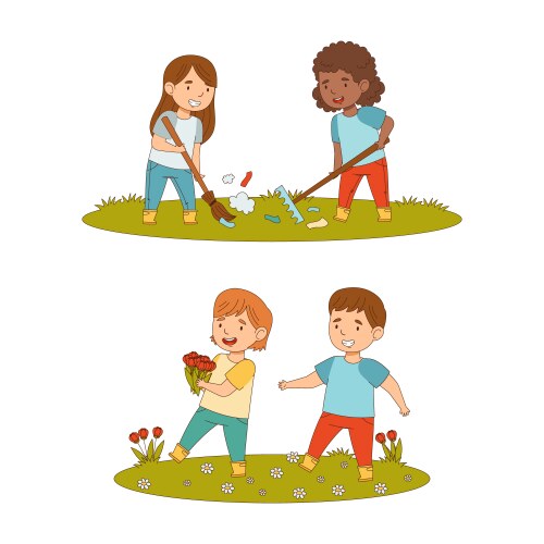 Kids spring activities set cute children working Vector Image