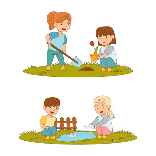 Kids spring activities set cute children working Vector Image