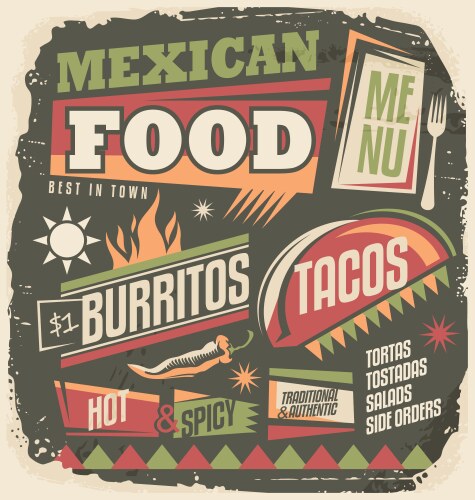 Taco mexican fast food rusty metal sign board Vector Image