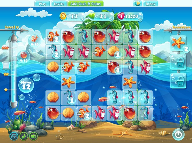 Computer game template with fish as characters Vector Image