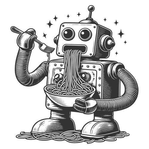 Robot eating spaghetti engraving sketch Royalty Free Vector