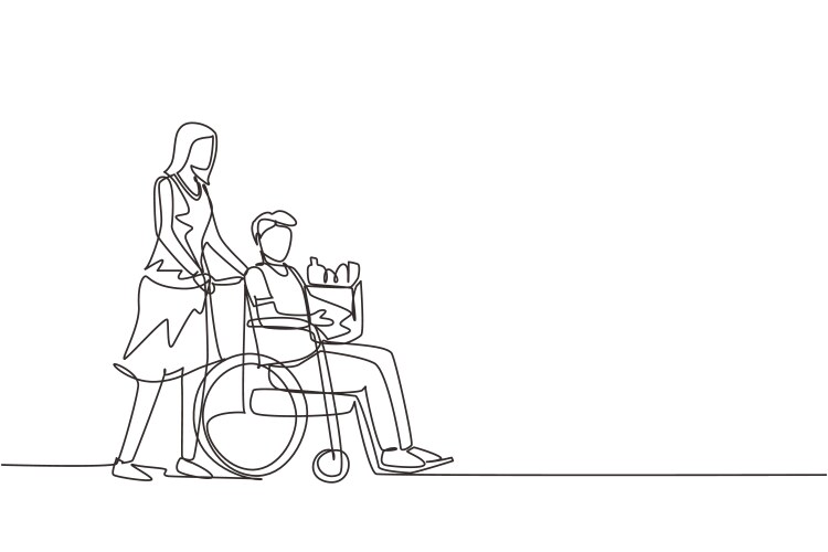 Single one line drawing social worker helping old Vector Image