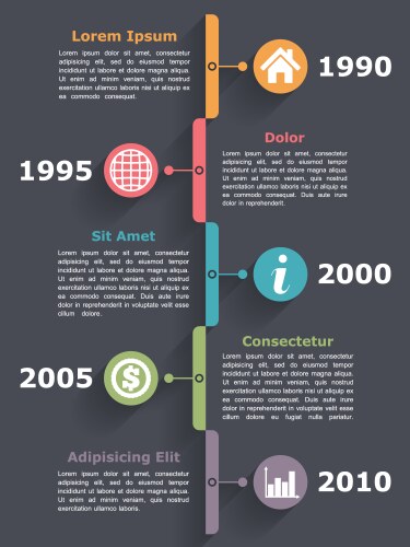 Vertical timeline four separate staggered round Vector Image