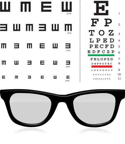 Eye glasses on eyesight test chart background Vector Image