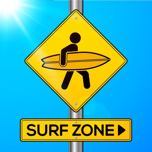 Caution surfers yellow road sign Royalty Free Vector Image