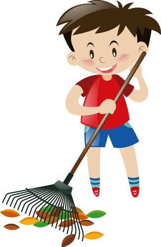 Cartoon happy boy raking leaves Royalty Free Vector Image