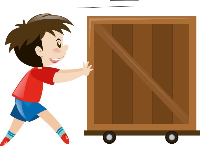 Boy pushing wooden box alone Royalty Free Vector Image