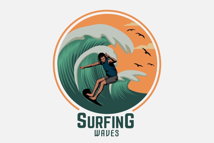 Surfing waves retro vintage design landscape Vector Image