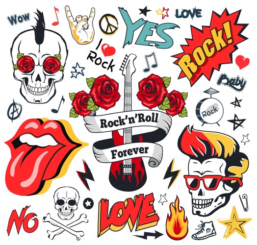 Rock and roll stickers collection colorful poster Vector Image