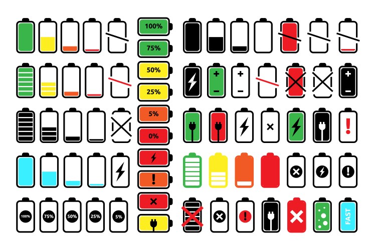 Battery icon set with colorful charge level Vector Image