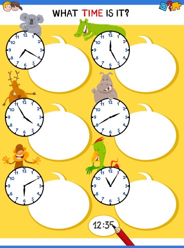 What time is it activity page for kids with clock Vector Image