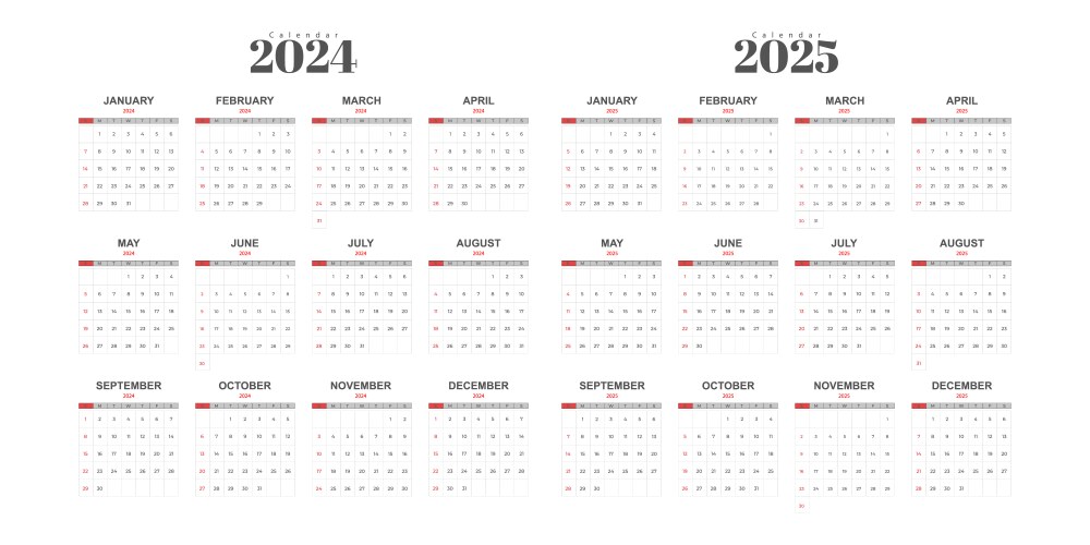 Calendar 2024 and 2025 years week start sunday Vector Image