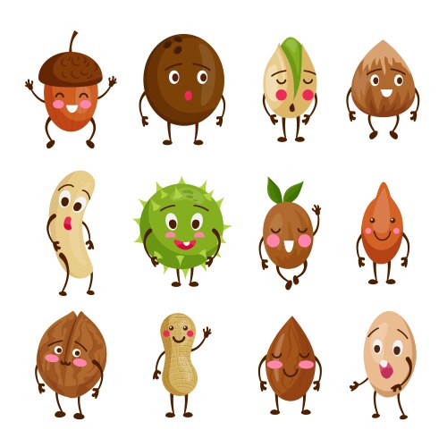 Nuts cartoon characters cute mascot persons Vector Image