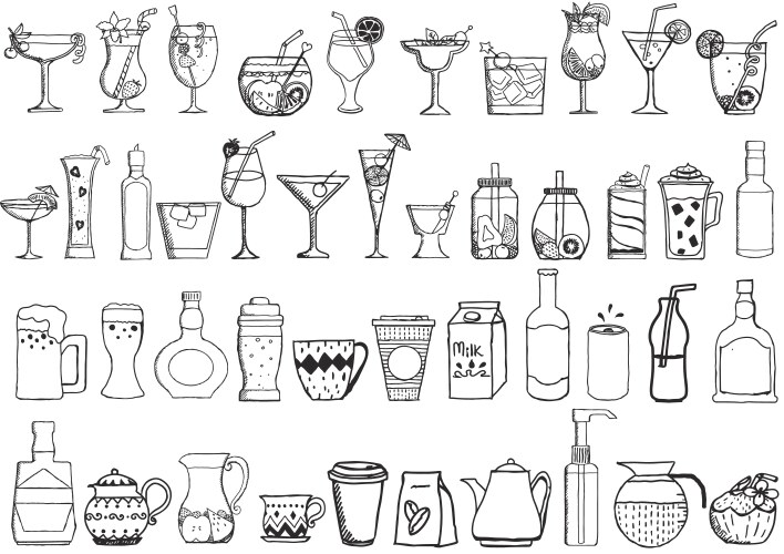 Hand drawn drinks and alcoholic cocktails big set Vector Image