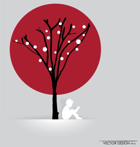 Tree background with children reading Royalty Free Vector