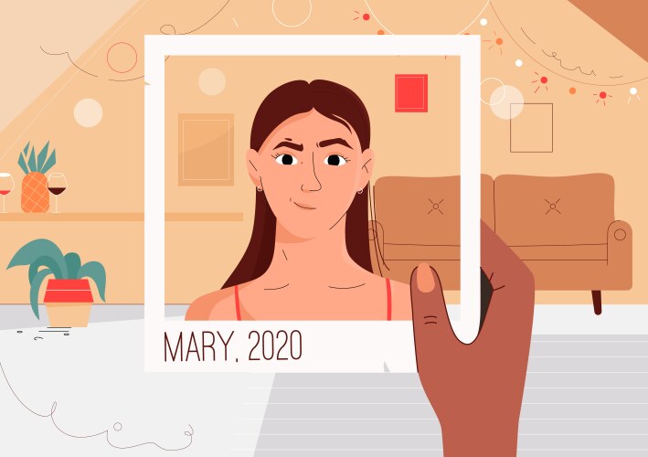 Hand holding photo frame with two happy friends Vector Image