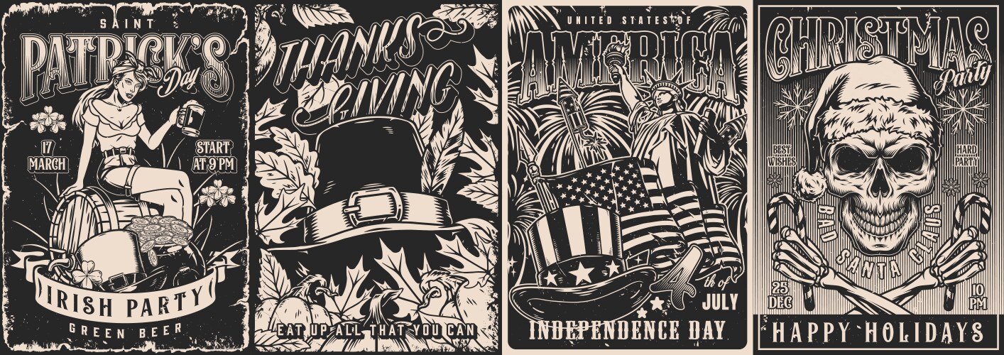 Holiday set vintage monochrome posters Royalty Free Vector