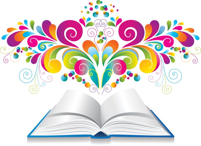Open book with different color icons Royalty Free Vector