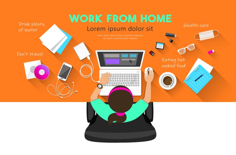 Man work from home desk top view poster design Vector Image