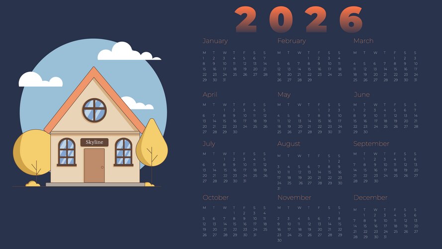 2026 calendar with house and trees – Royalty-Free Vector | VectorStock