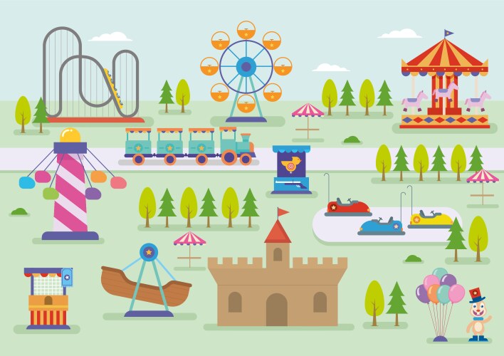 Map of amusement park with attractions Royalty Free Vector