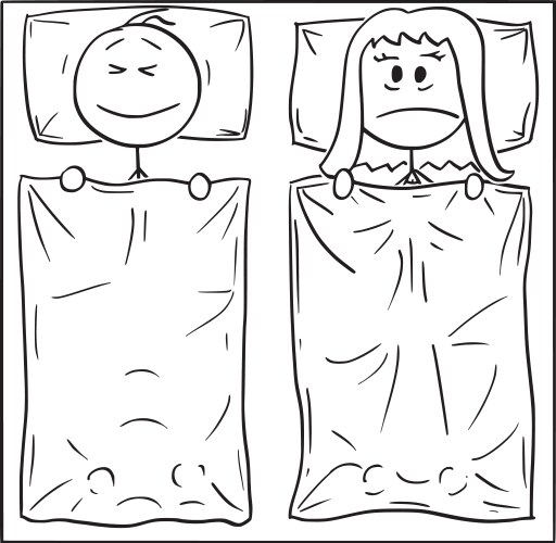 Cartoon man with problem lying alone in bed Vector Image