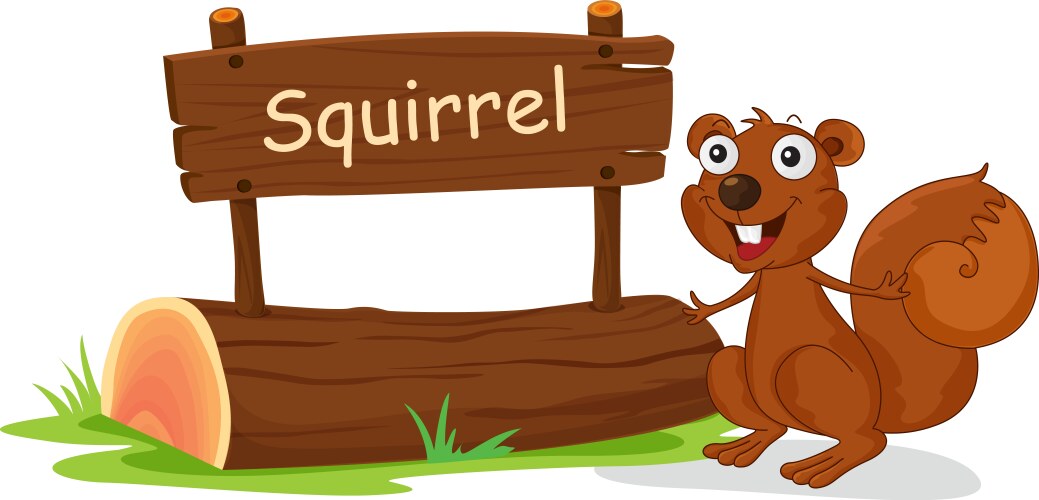 Cartoon birds and squirrel by a wooden sign Vector Image