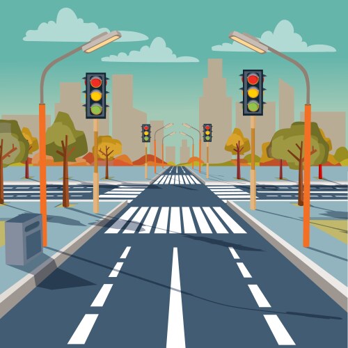 Cartoon city crossroad with traffic lights Vector Image
