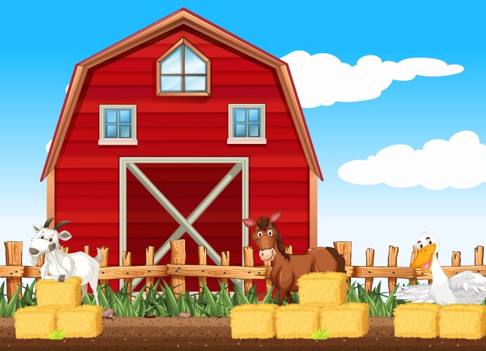 Set of farm animals and barns Royalty Free Vector Image