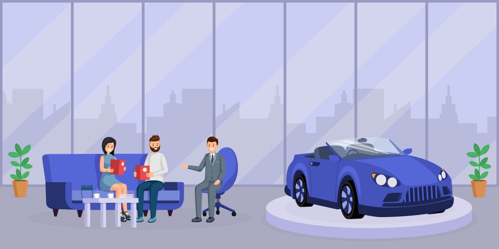 Car showroom center with autos exhibition inside Vector Image