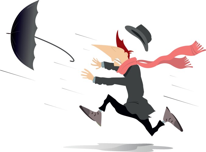 Cartoon man umbrella and windy day Royalty Free Vector Image