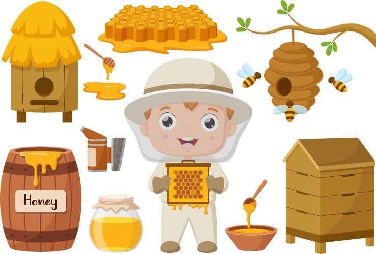 Cartoon beekeeper elements collection Royalty Free Vector