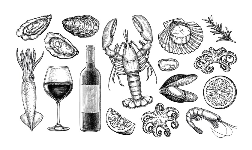 Seafood ink sketch set Royalty Free Vector Image