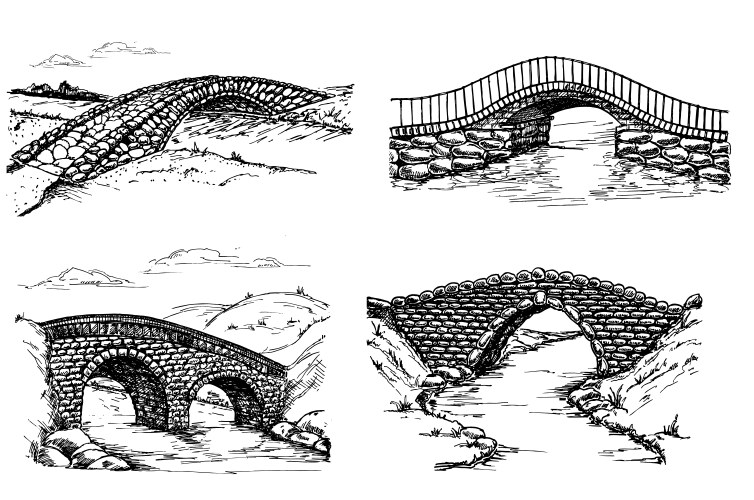 Types of bridges in linear style set Royalty Free Vector