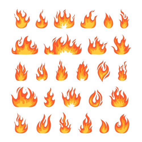 Cartoon fire icons set flame symbols Royalty Free Vector