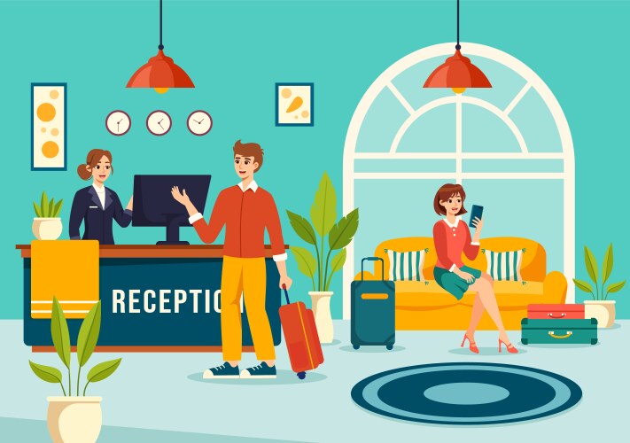 Hotel reception interior with receptionist people Vector Image