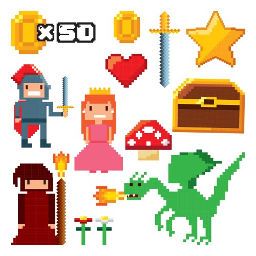 Classic pixelated video game landscape Royalty Free Vector