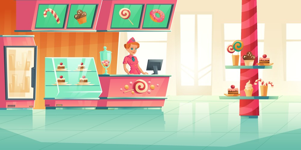 Bakery shop interior with counter cartoon Vector Image