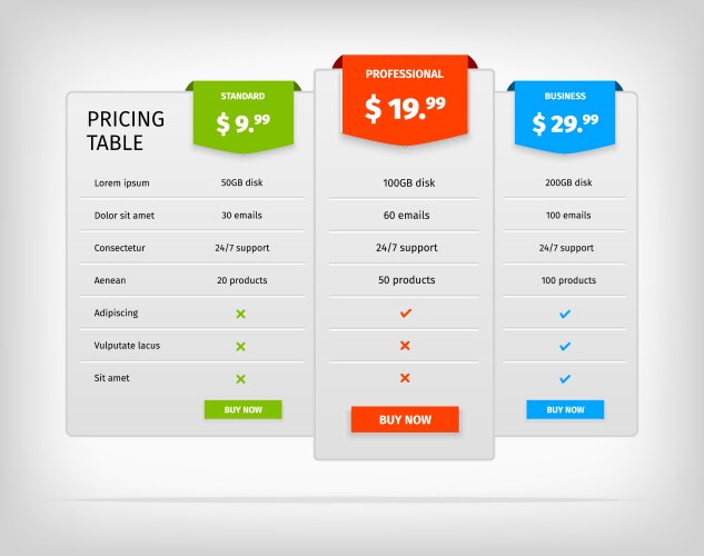 Table price chart comparison plan template Vector Image
