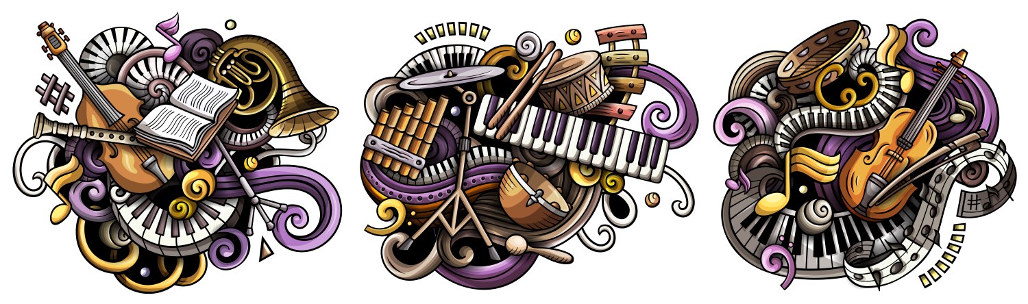 Classical music cartoon doodle designs set Vector Image