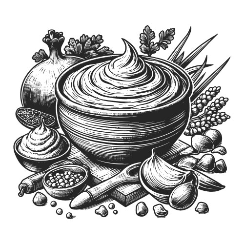 Rustic hummus bowl engraving sketch Royalty Free Vector
